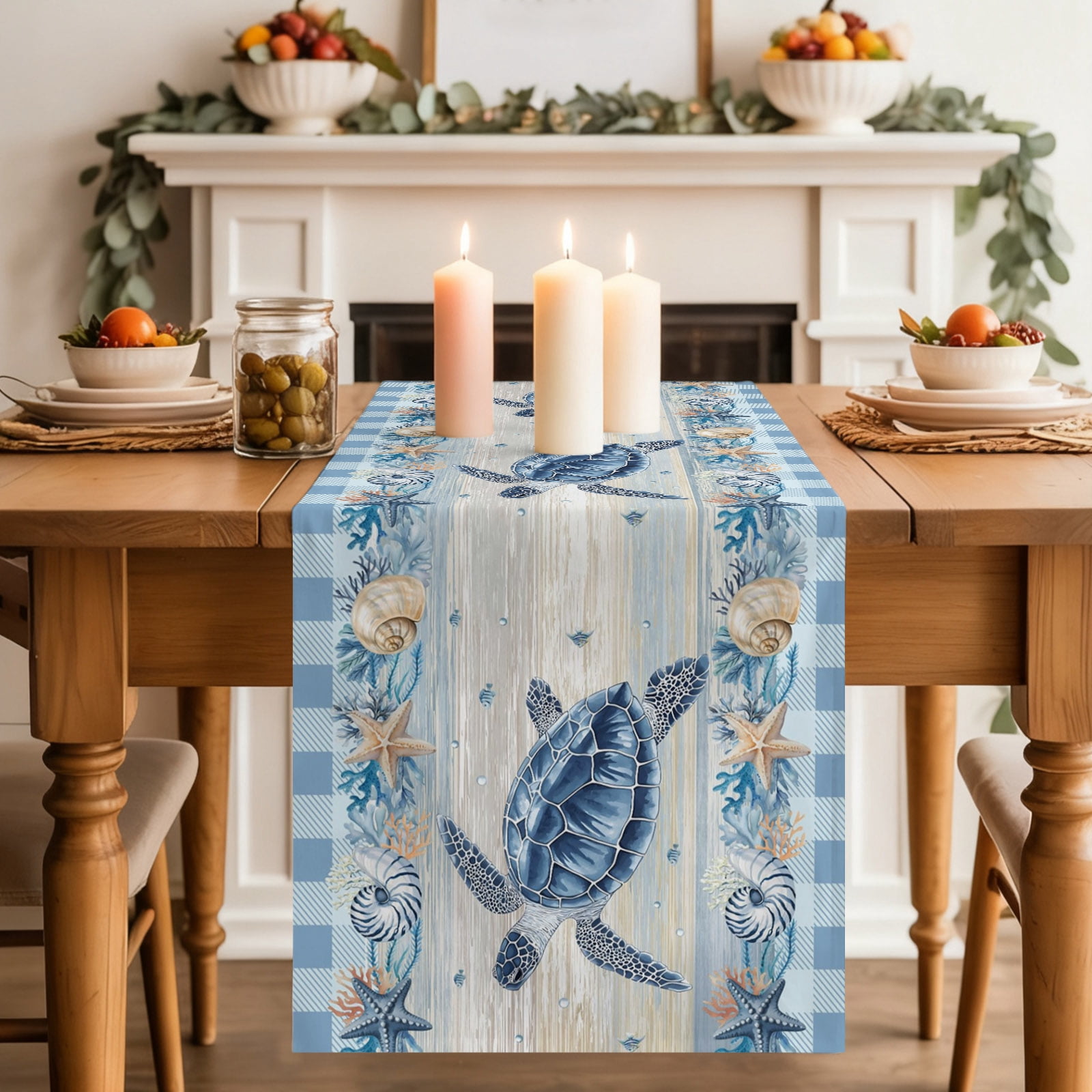 Blue Turtle Coastal Dining Table Runner, Summer Starfish Beach Coral ...