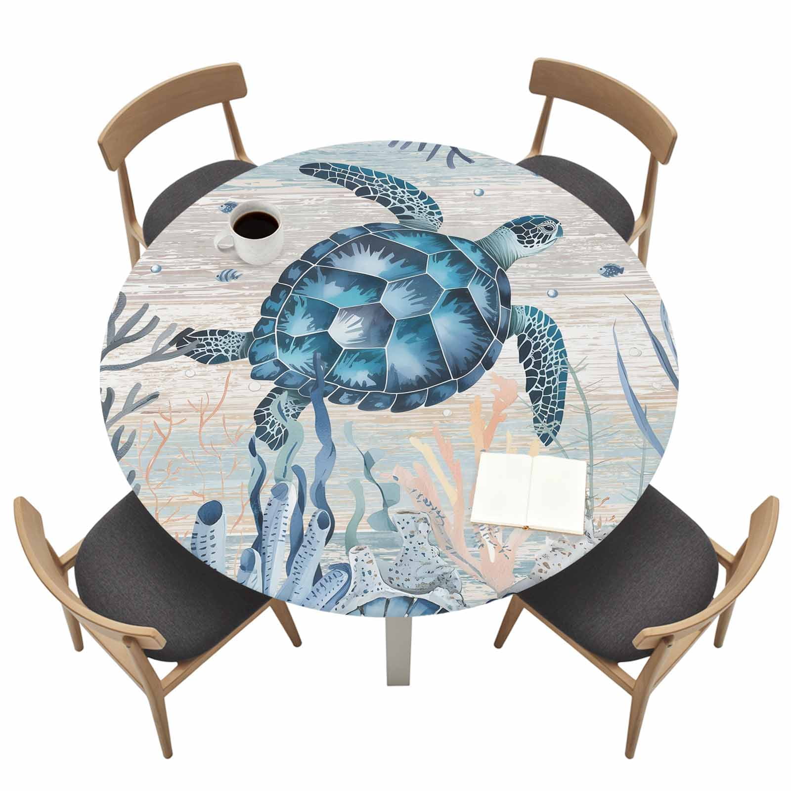Blue Turtle Coastal Fitted Tablecloth with Elastic Edged, Round Table ...