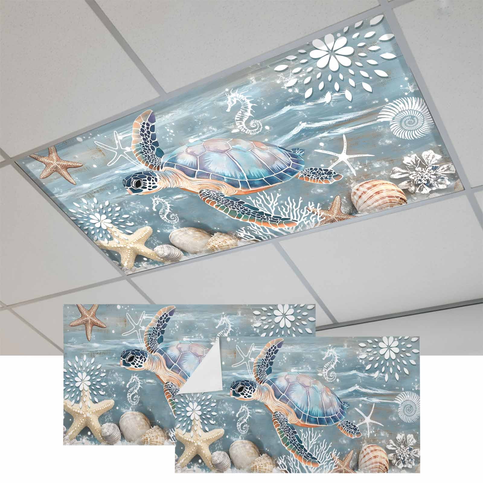 Blue Turtle Coastal Fluorescent Light Covers, Summer Beach Nautical ...