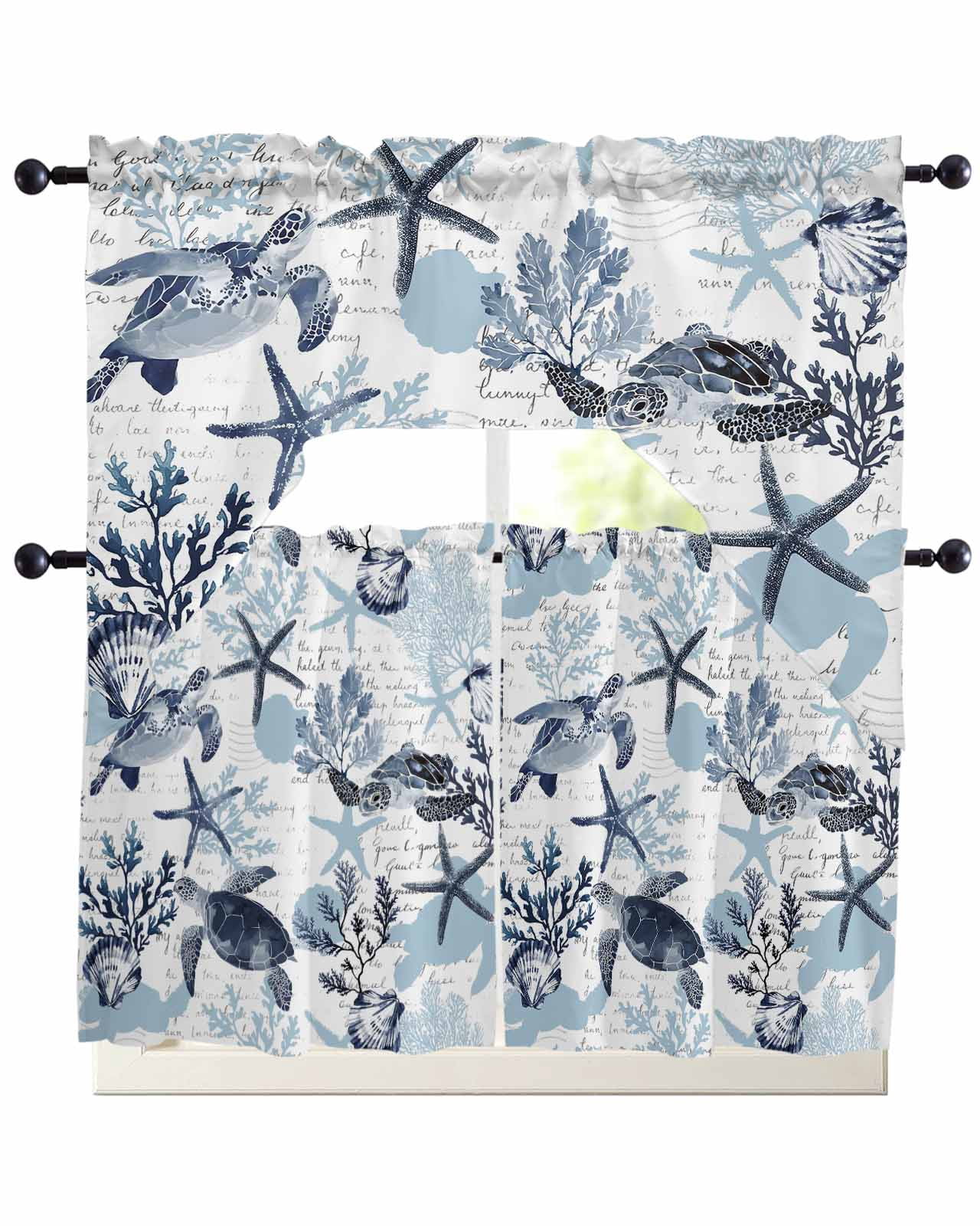 Blue Turtle Coastal Kitchen Curtains Sets 24 Inch Length with Valance ...