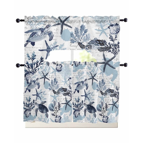 Blue Turtle Coastal Kitchen Curtains Sets 24 Inch Length with Valance ...