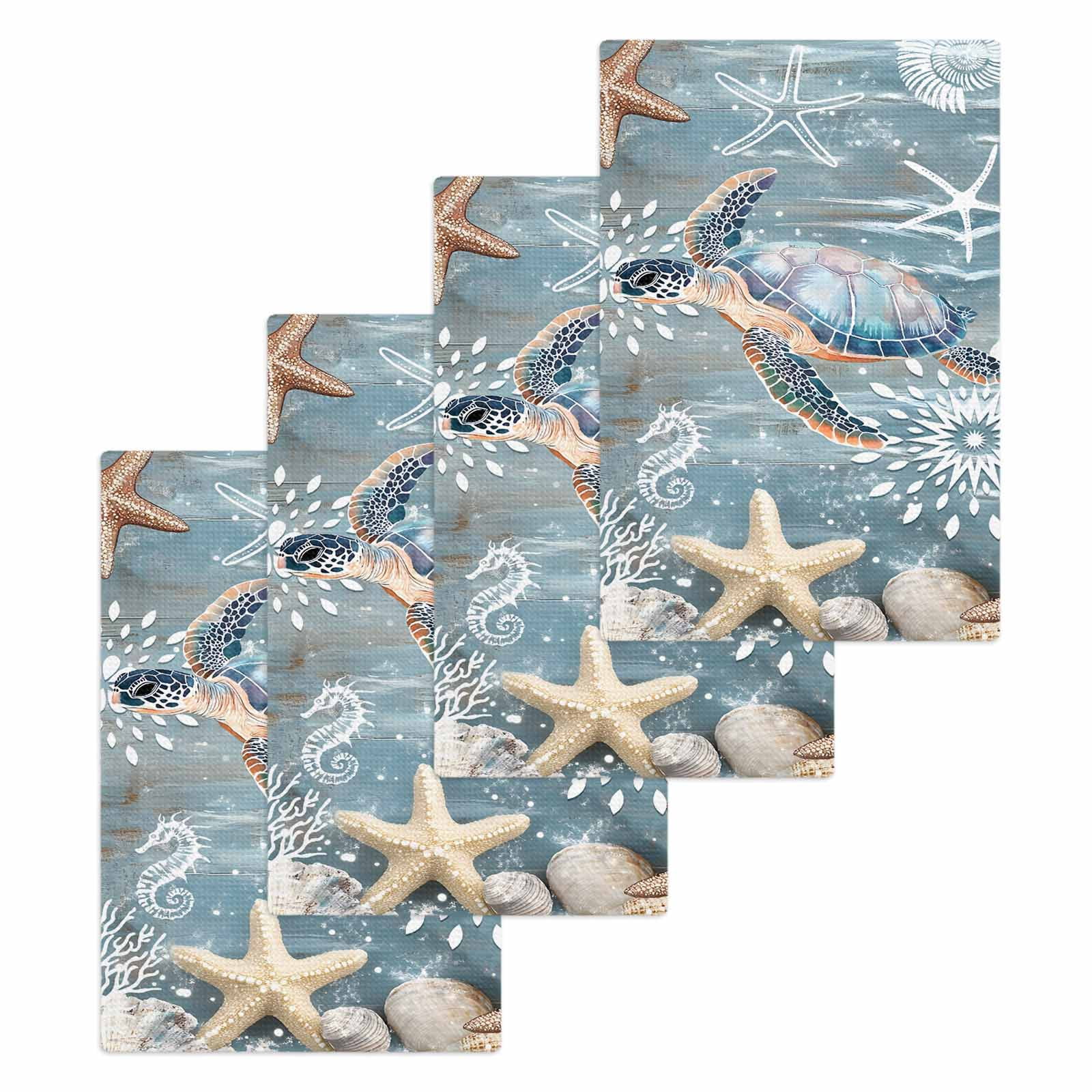 Blue Turtle Coastal Kitchen Dish Towels for Drying Dishes Set of 4 ...