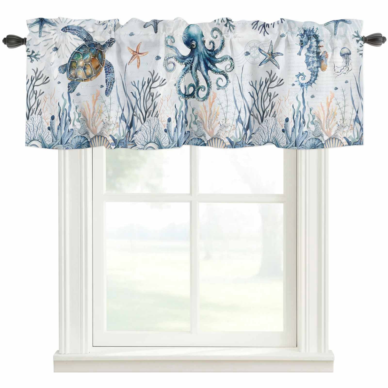 Blue Turtle Coastal Kitchen Valances for Windows, Octopus Summer Beach ...