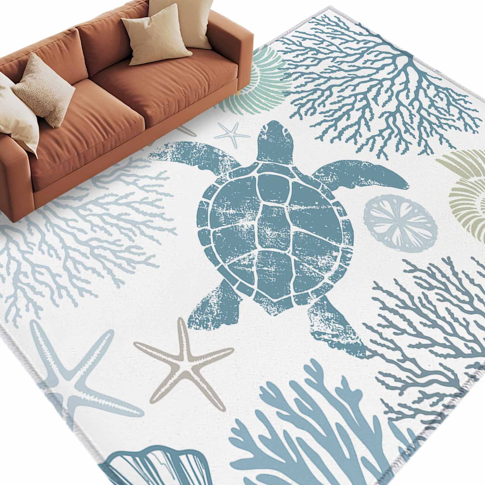 Blue Turtle Coastal Large Area Rugs for Bedroom Living Room, Soft Non ...