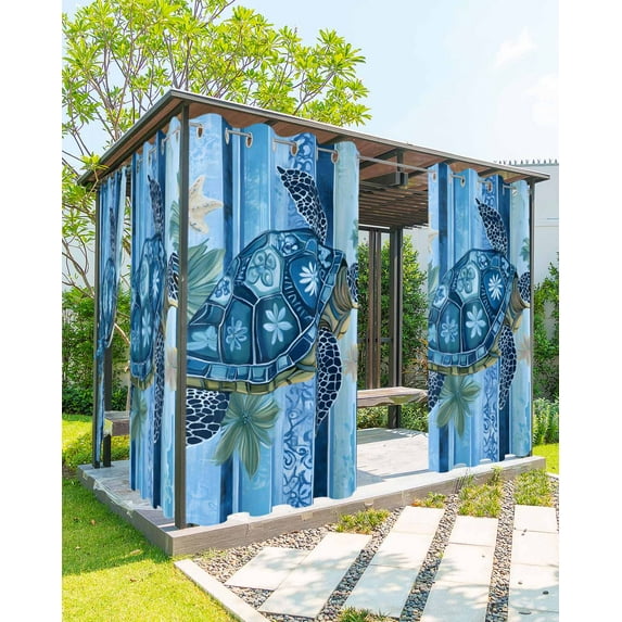 Blue Turtle Coastal Outdoor Curtains for Patio, Sea Nautical Beach ...
