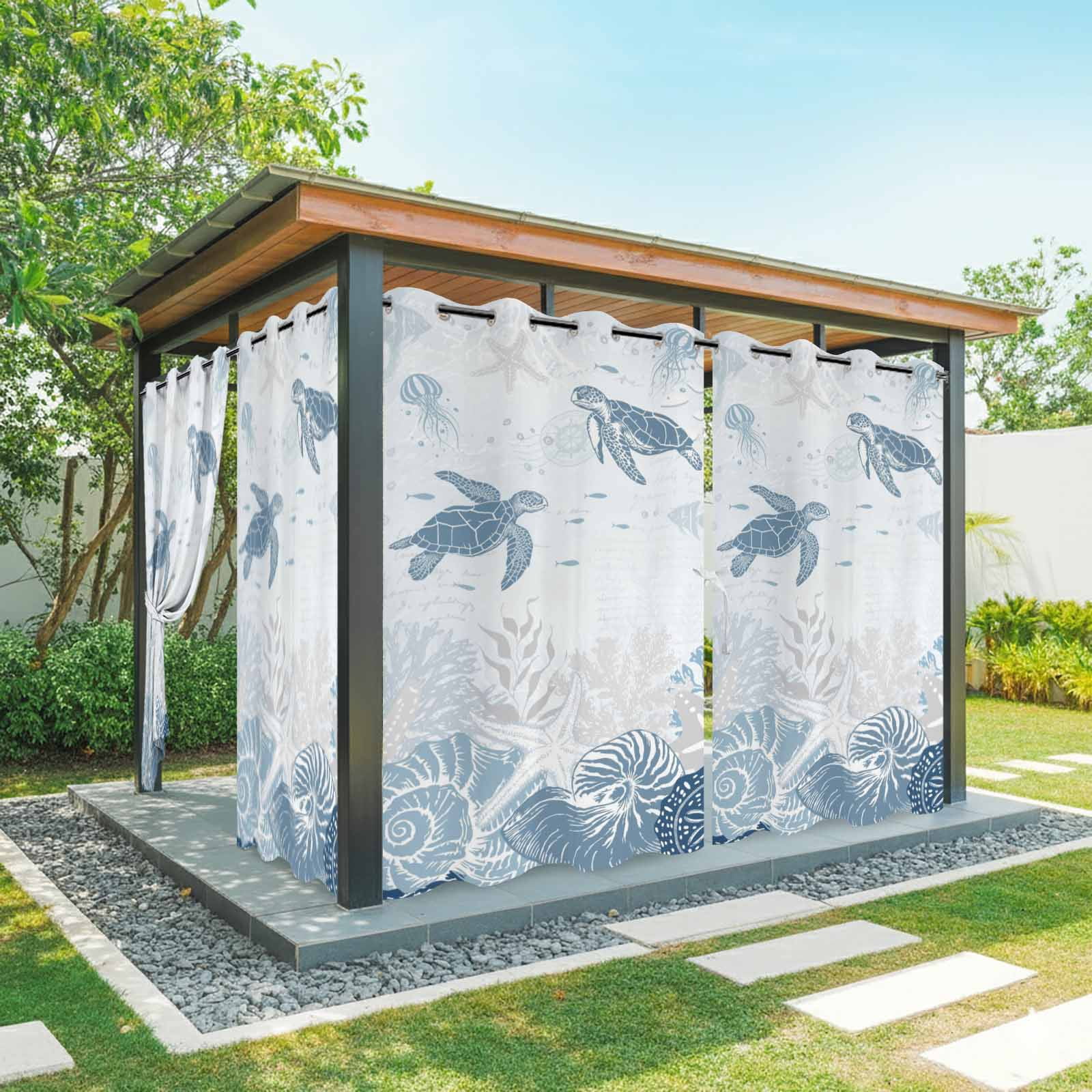 Blue Turtle Coastal Outdoor Curtains for Patio Waterproof, Grommet ...