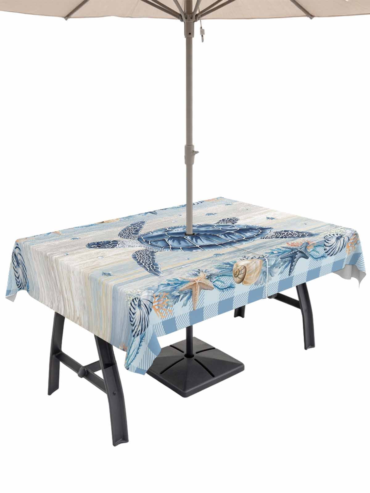 Blue Turtle Coastal Outdoor Rectangle Tablecloth with Umbrella Hole 60 ...