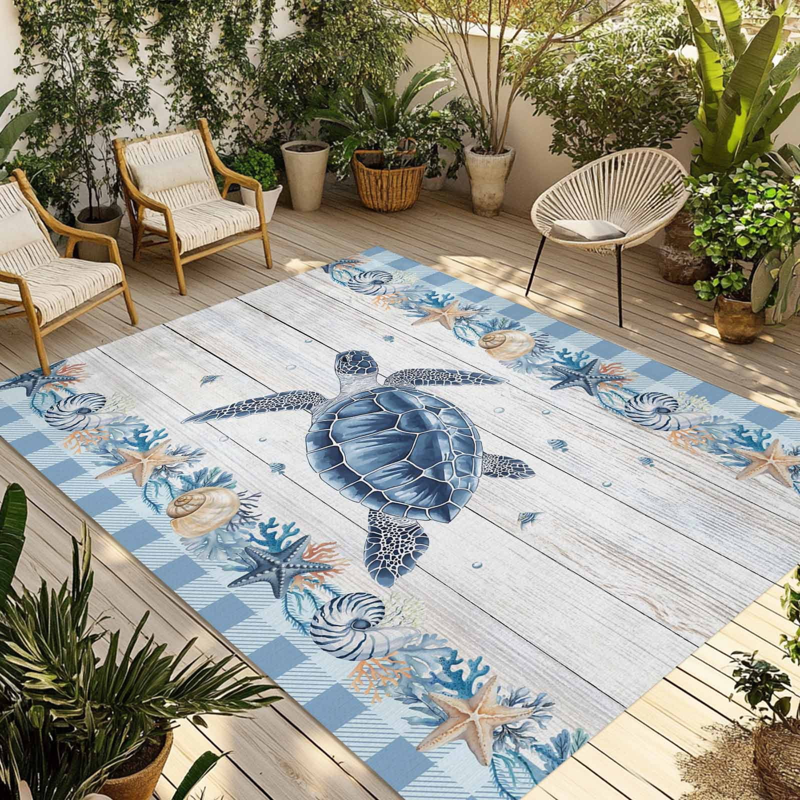 Blue Turtle Coastal Outdoor Rug 4x6 ft Summer Starfish Beach Shell ...