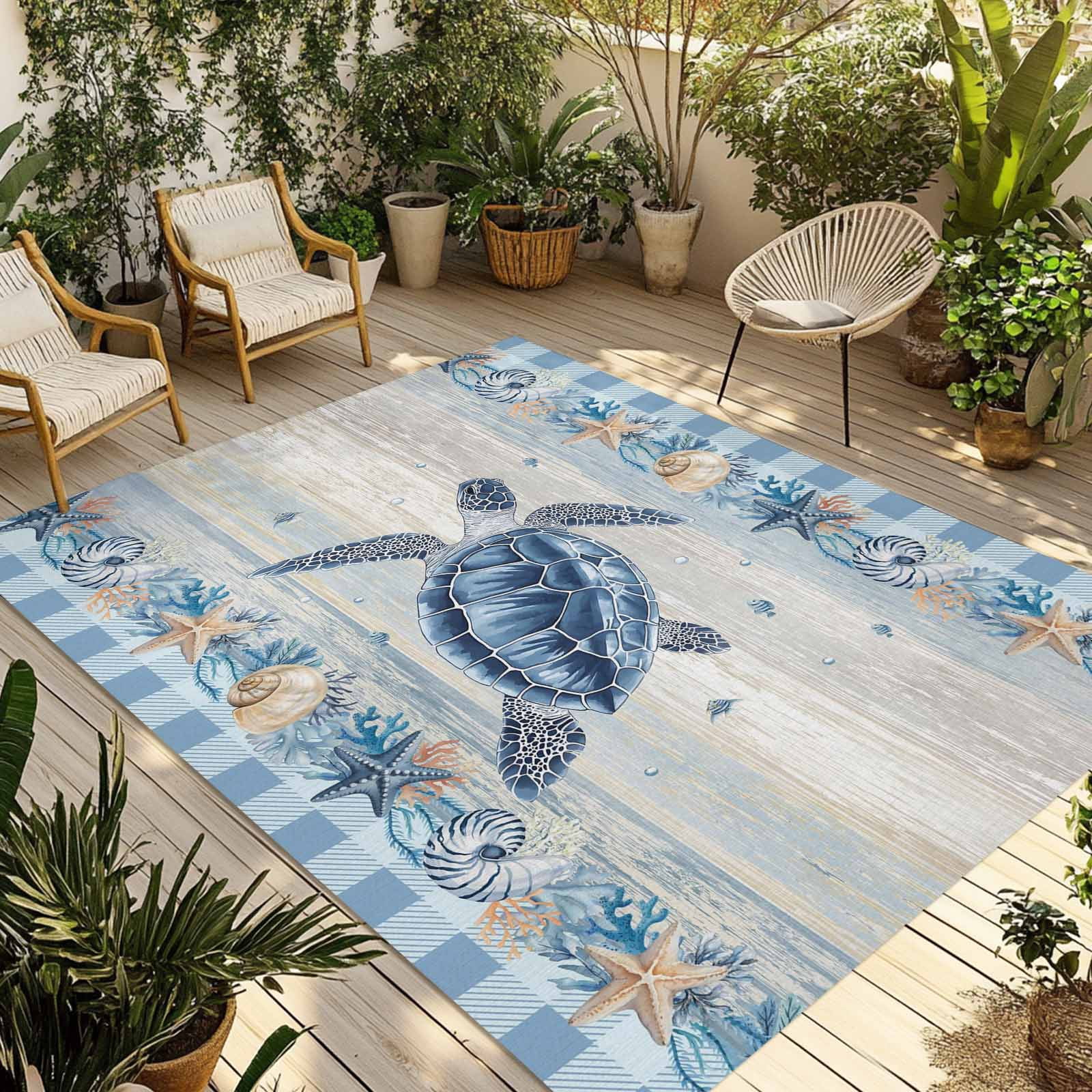 Blue Turtle Coastal Outdoor Rug 6x9 ft Summer Starfish Beach Coral ...
