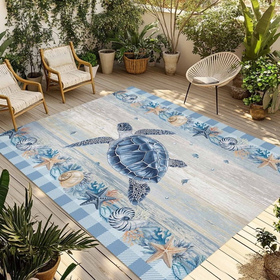 Blue Turtle Coastal Outdoor Rug 6x9 ft Summer Starfish Beach Coral ...