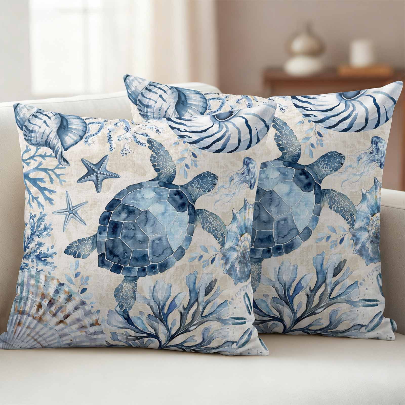 Blue Turtle Coastal Outdoor Waterproof Throw Pillow Covers 16x16 Set of ...