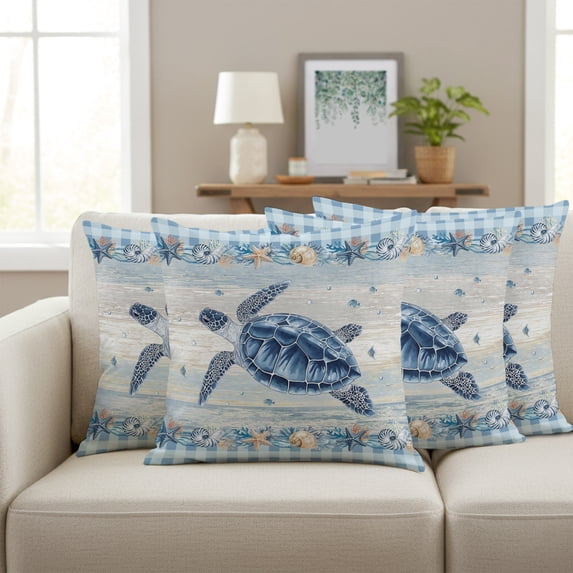 Blue Turtle Coastal Pillow Covers Set of 4, Summer Starfish Beach Coral ...