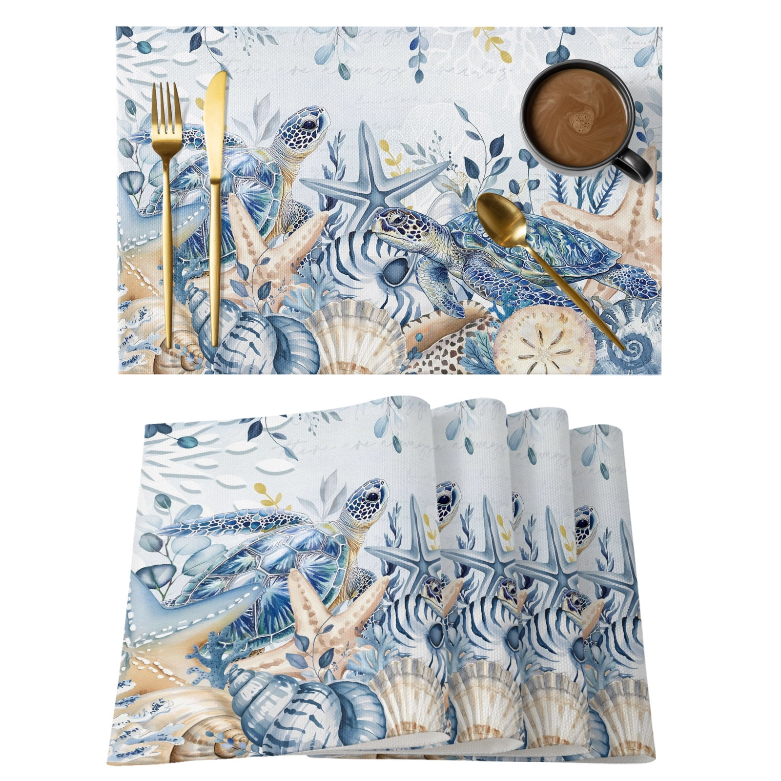 Blue Turtle Coastal Placemats Set of 12 Summer Beach Coral Nautical ...