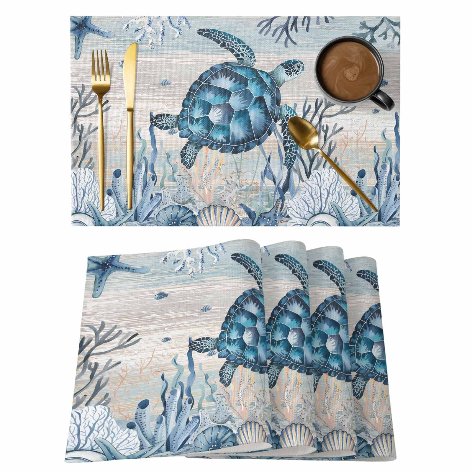 Blue Turtle Coastal Placemats Set of 6, Nautical Beach Sea Ocean Coral ...
