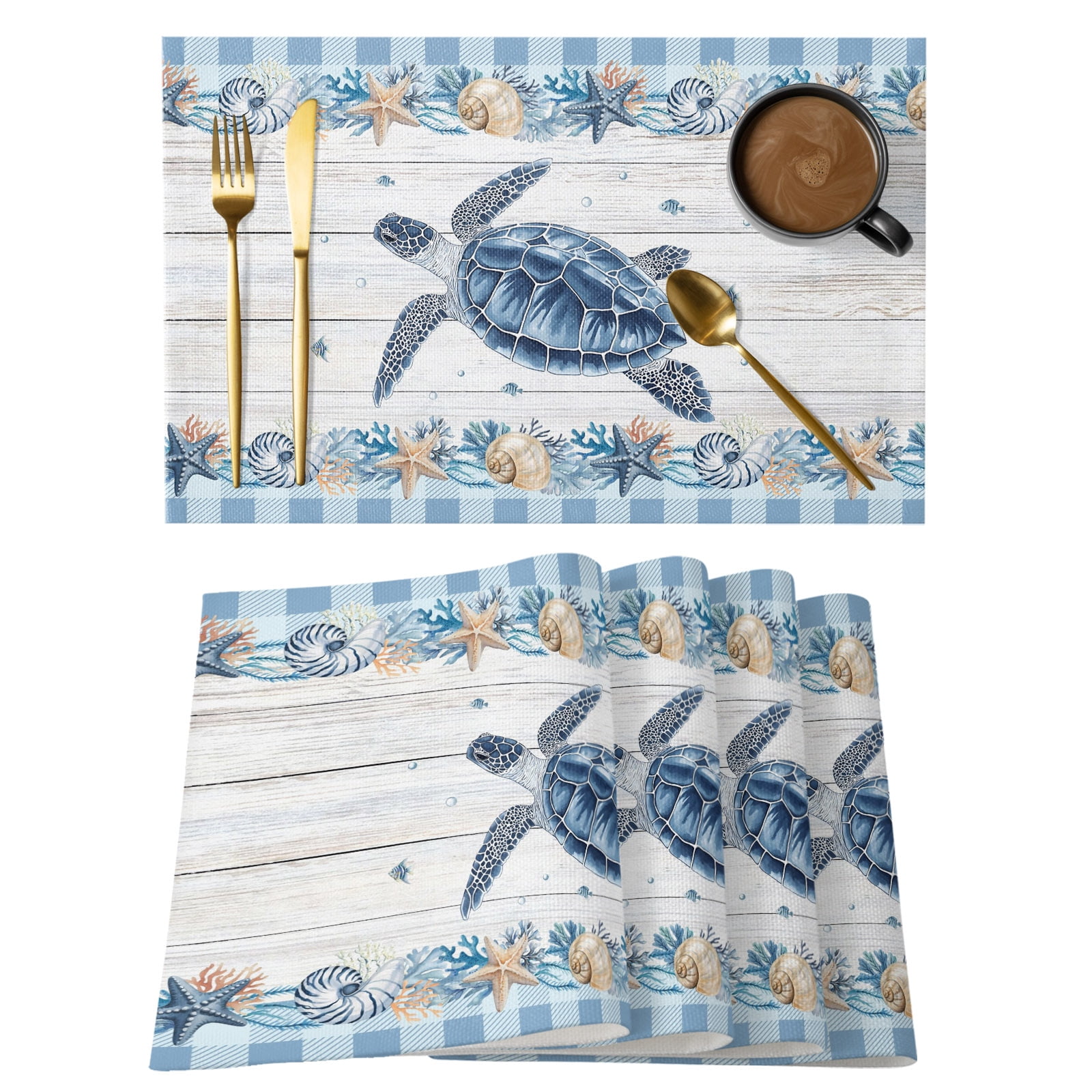 Blue Turtle Coastal Placemats Set of 6 Summer Nautical Beach Coral ...