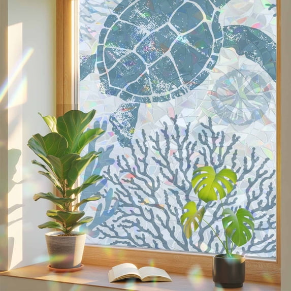 Blue Turtle Coastal Privacy Window Film, Decorative Stained Glass ...