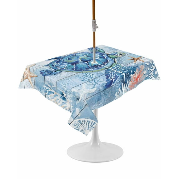 Blue Turtle Coastal Rectangle Outdoor Tablecloth, Waterproof Table ...