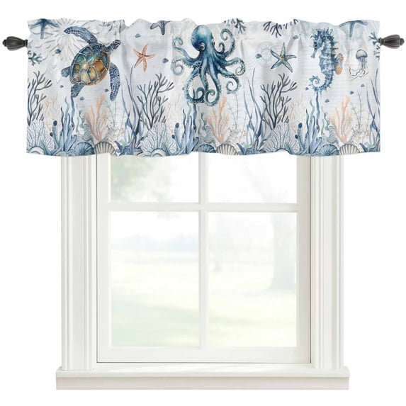 Blue Turtle Coastal Rod Pocket Curtain Valance, Octopus Summer Beach ...