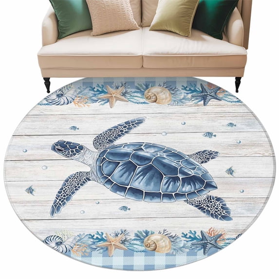 Blue Turtle Coastal Round Living Room Rugs 7 ft, Summer Starfish Beach ...