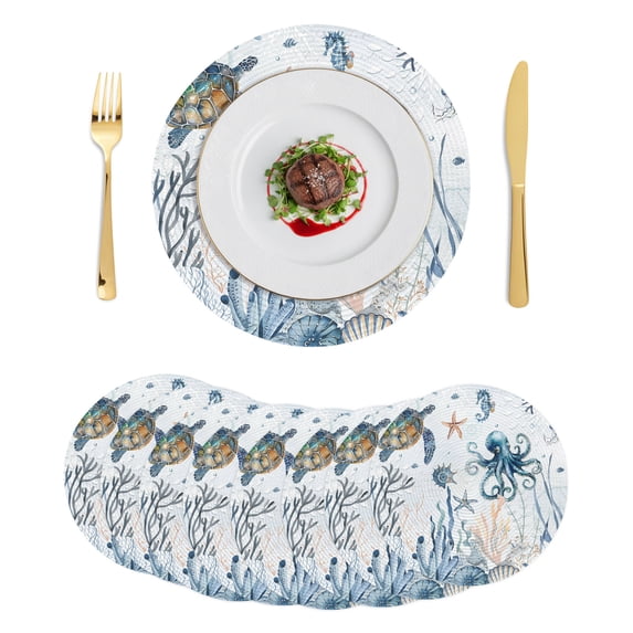 Blue Turtle Coastal Round Placemats Set of 8 Octopus Summer Beach Coral ...