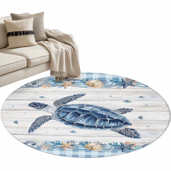 Blue Turtle Coastal Round Rug 3ft Washable Circle Entryway Rugs Non ...