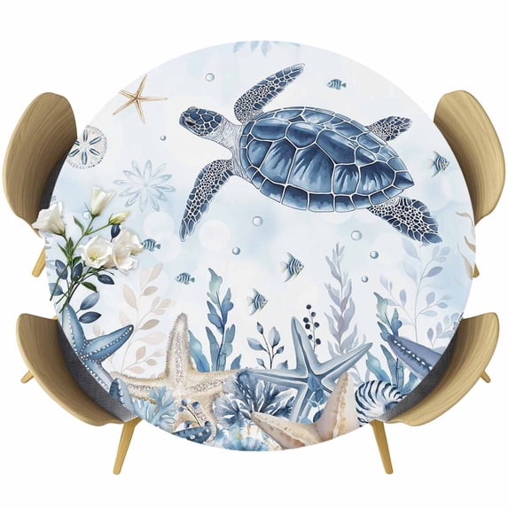 Blue Turtle Coastal Round Tablecloth 36-44 Inch Round Fitted Table ...