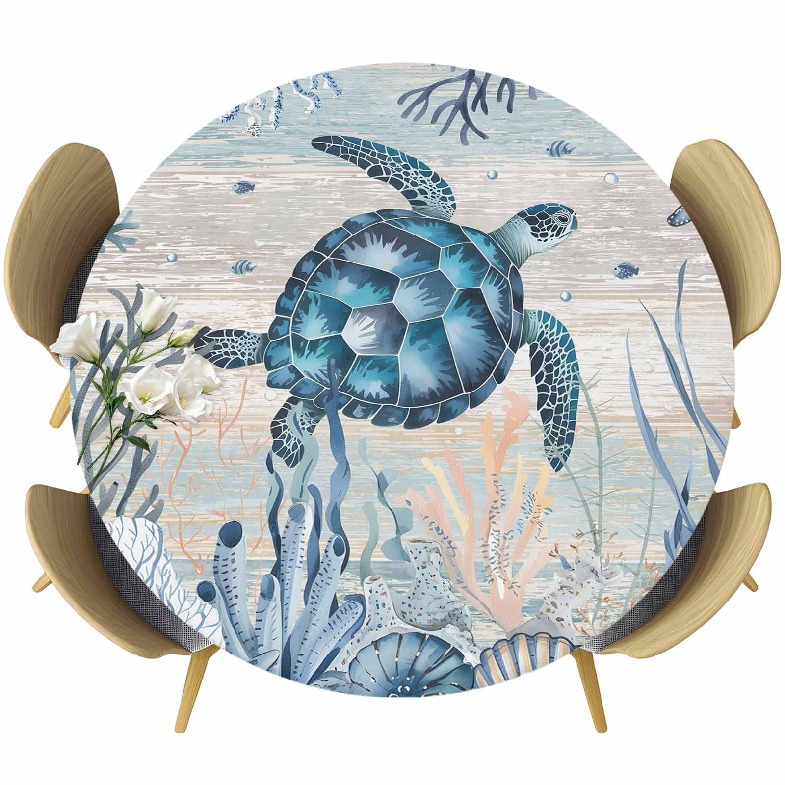 Blue Turtle Coastal Round Tablecloth, Fitted Table Cover with Elastic ...