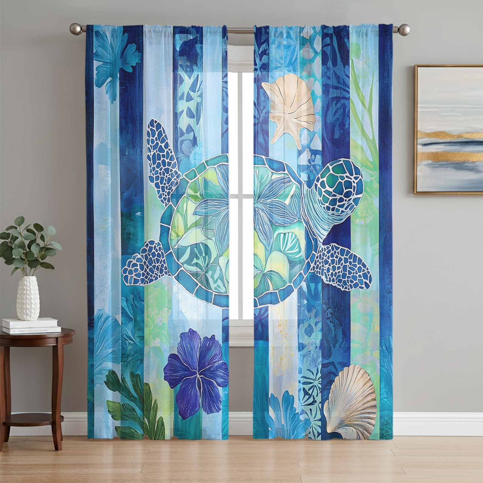 Blue Turtle Coastal Semi Sheer Curtains 72 Inch Length 2 Panels Set ...