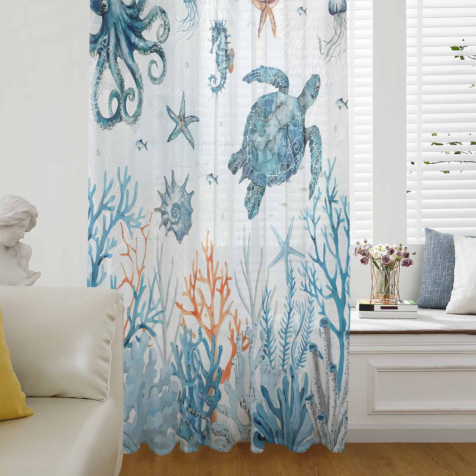 Blue Turtle Coastal Semi Sheer Curtains Drapes for Living Room,Bedroom ...