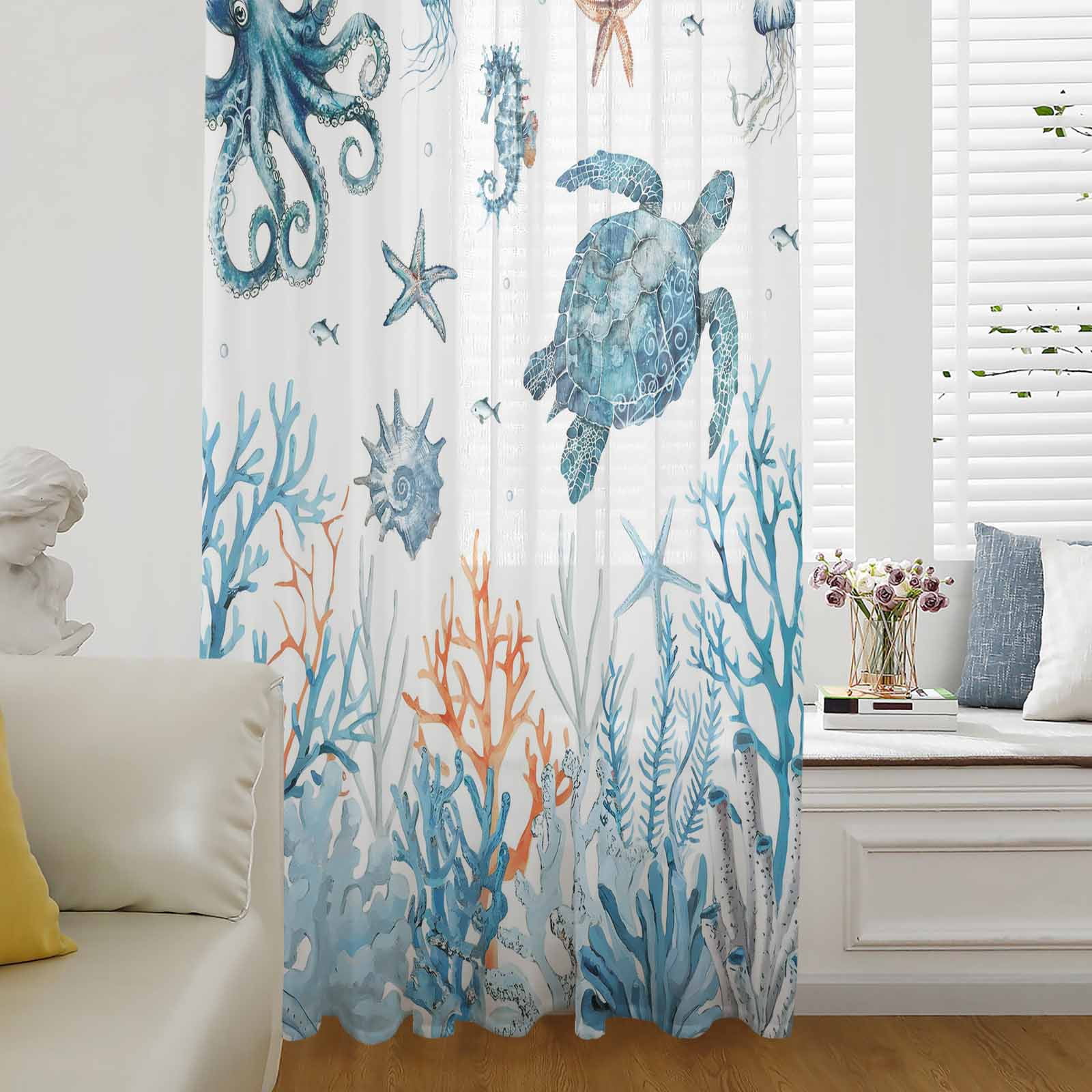 Blue Turtle Coastal Semi Sheer Curtains Drapes for Living Room,Bedroom ...