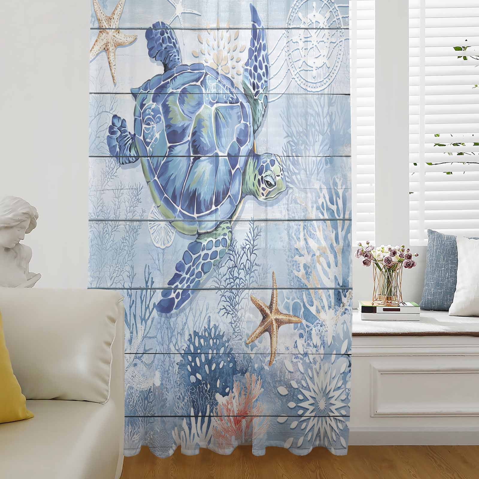 Blue Turtle Coastal Semi Sheer Curtains Drapes for Living Room, Bedroom ...
