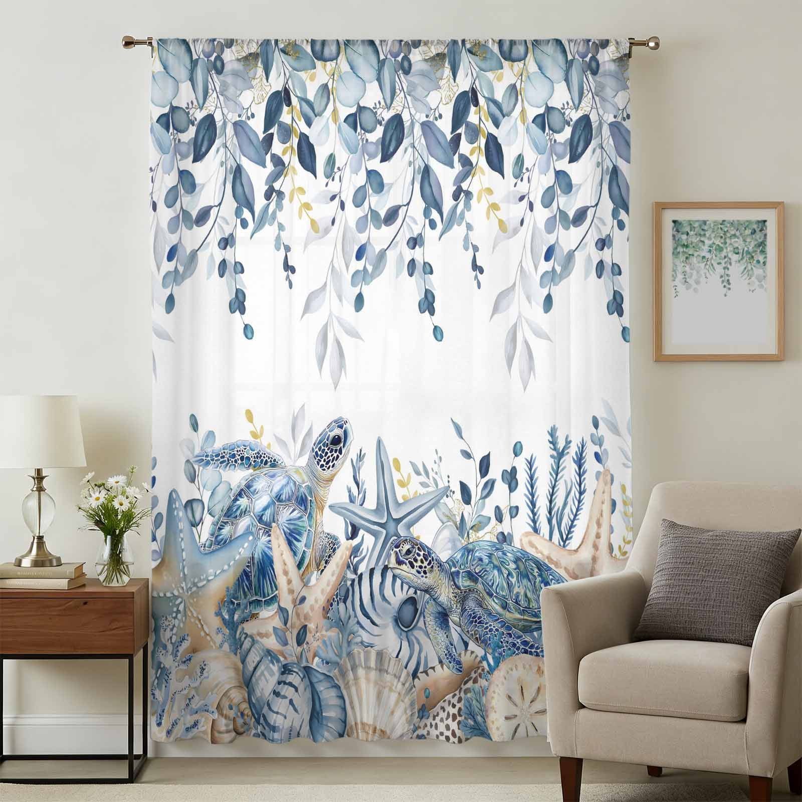 Blue Turtle Coastal Sheer Curtains 108" Extra Long, Beach Coral ...