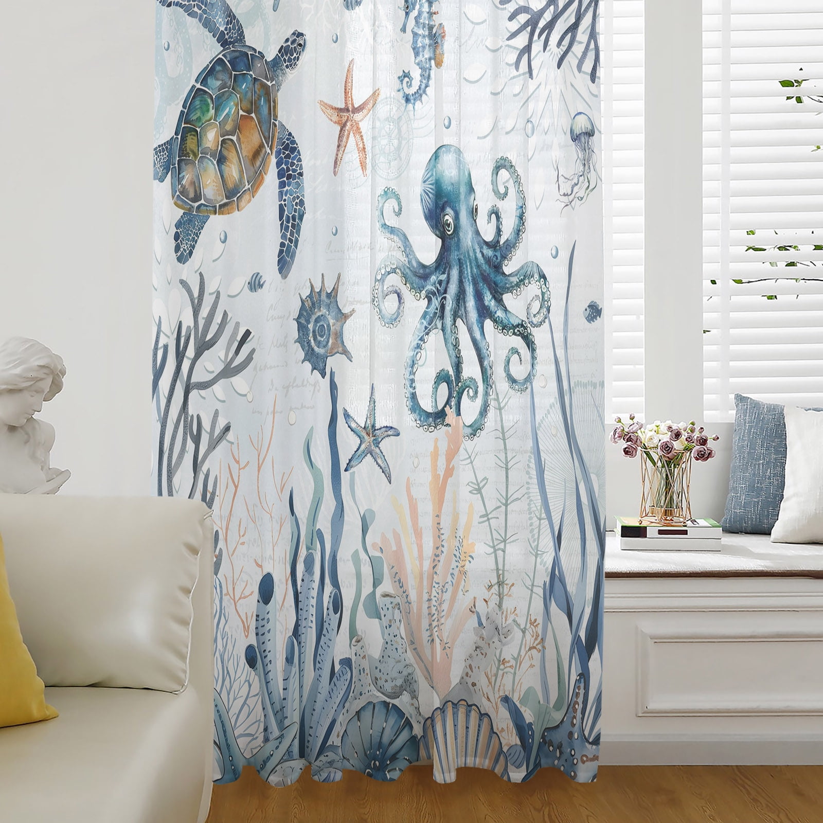Blue Turtle Coastal Sheer Curtains 45 Inch Length,Light Filtering Voile ...