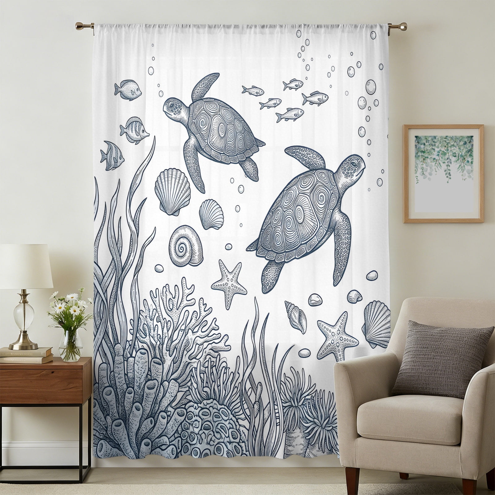 Blue Turtle Coastal Sheer Curtains 54 Inches Long for Bedroom, Summer ...