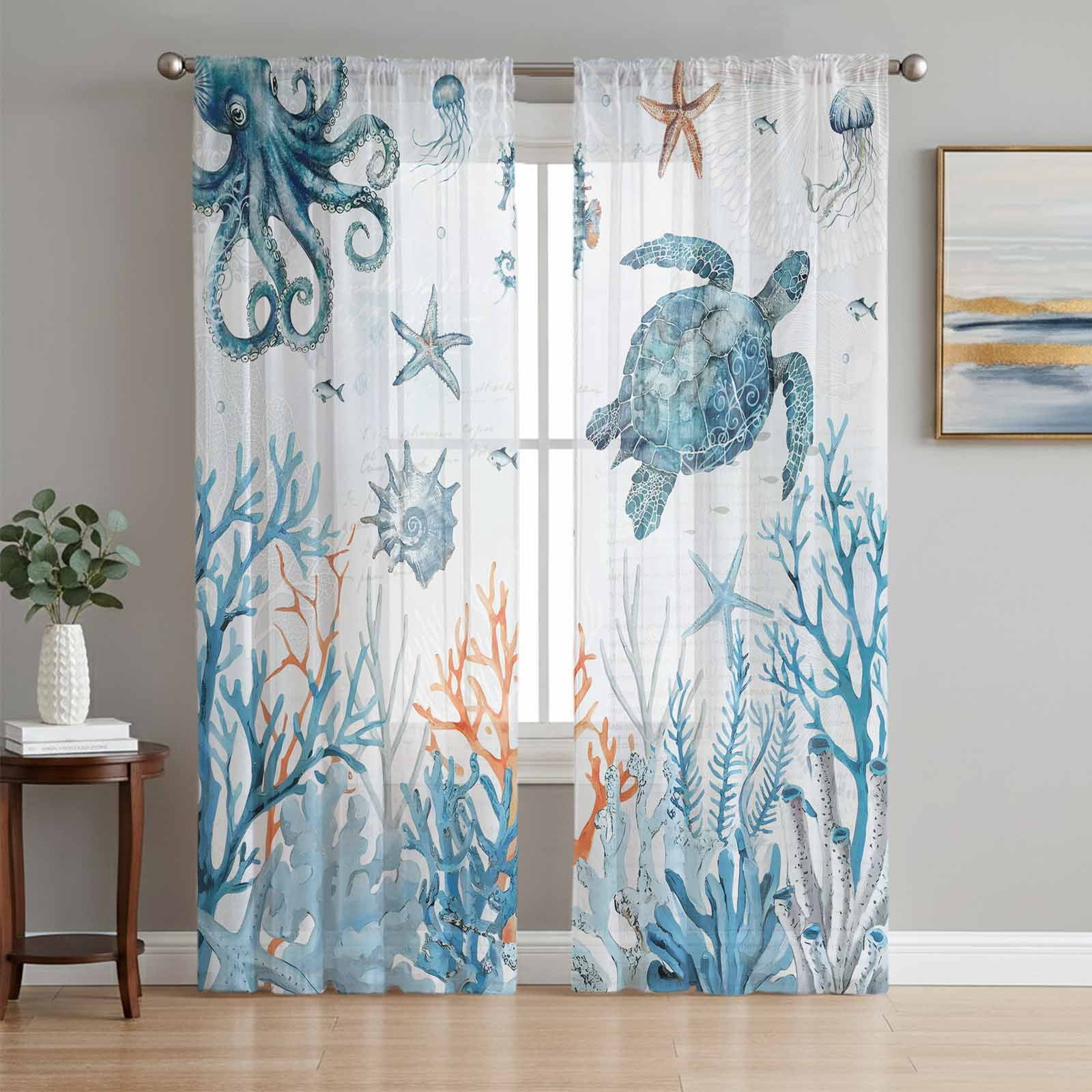 Blue Turtle Coastal Sheer Curtains 72 Inch Length 2 Panels Set, Octopus ...