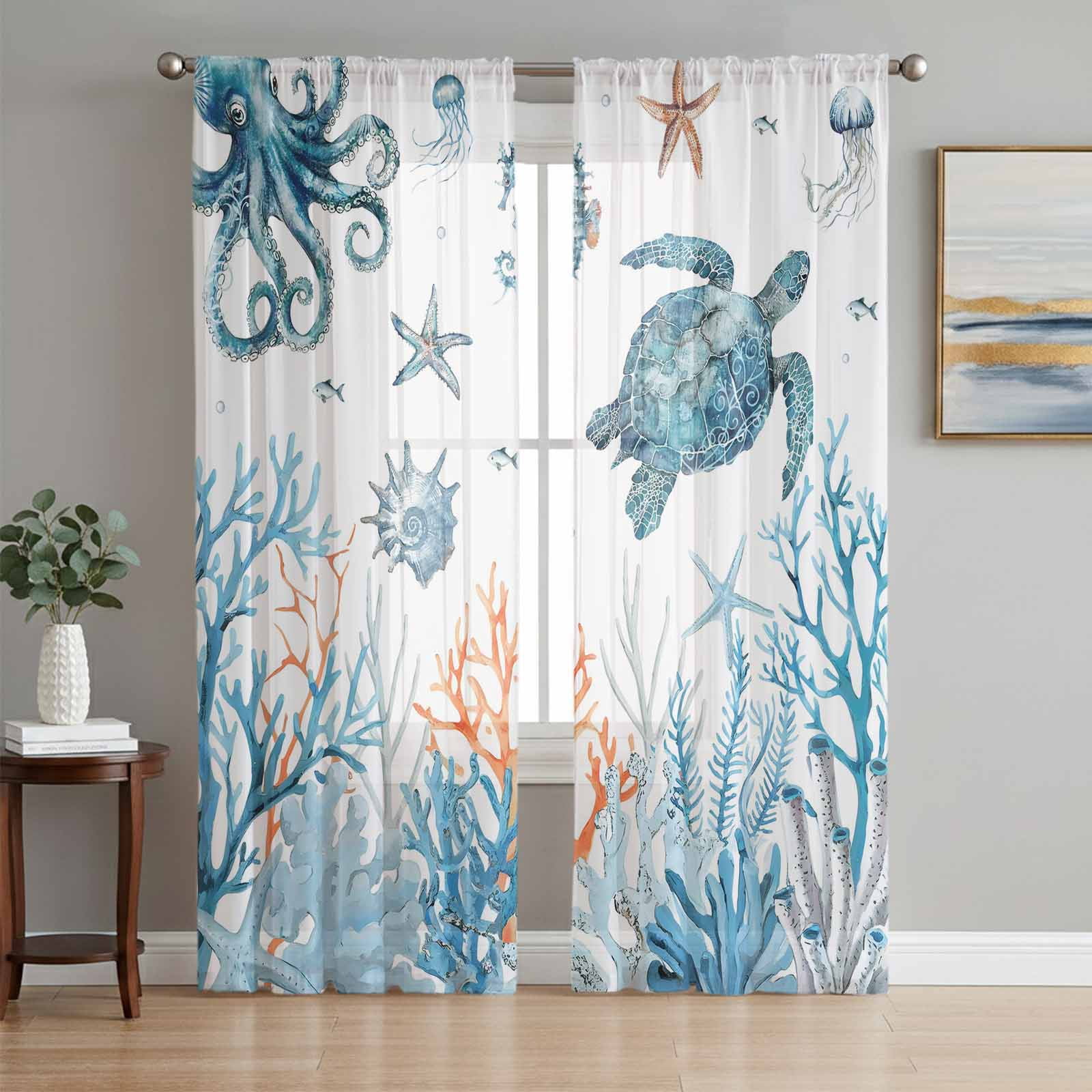 Blue Turtle Coastal Sheer Curtains 72 Inch Length 2 Panels Set, Octopus ...