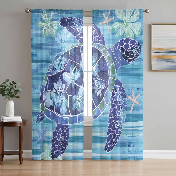 Blue Turtle Coastal Sheer Curtains 84 Inch Length 2 Panels Set, Beach ...