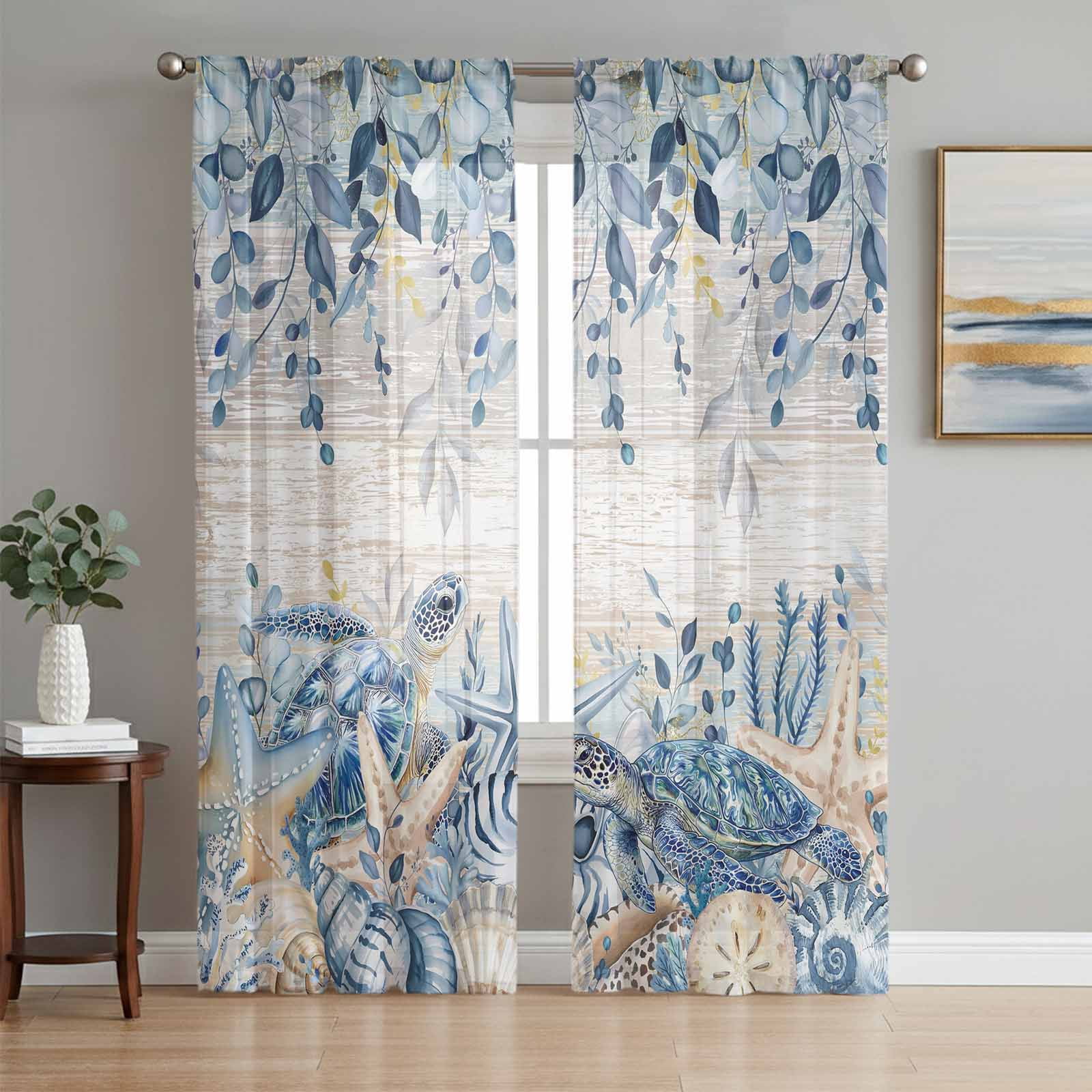 Blue Turtle Coastal Sheer Curtains for Living Room Bedroom Beach Coral ...