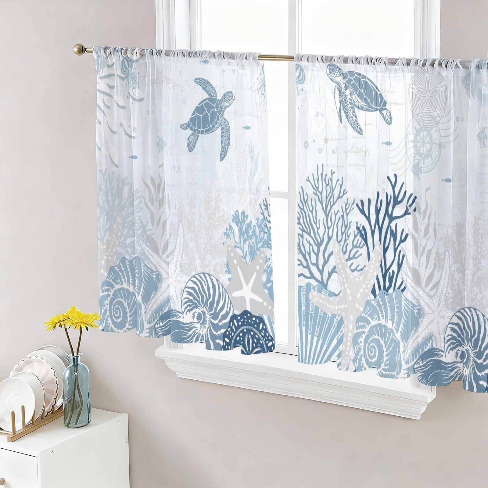 Blue Turtle Coastal Sheer Curtains for Living Room Bedroom Nautical ...