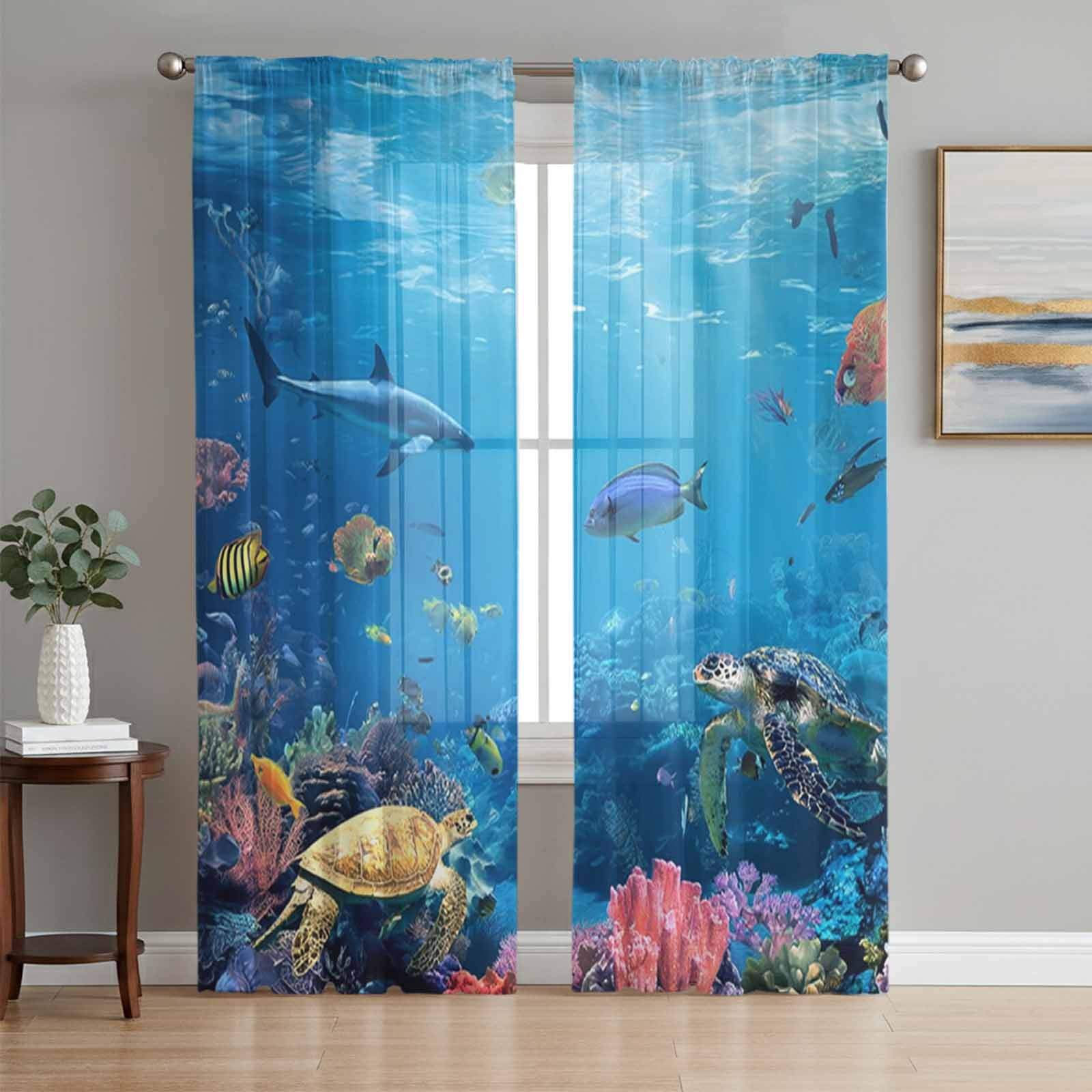 Blue Turtle Coastal Sheer Curtains for Living Room Bedroom Summer Beach ...