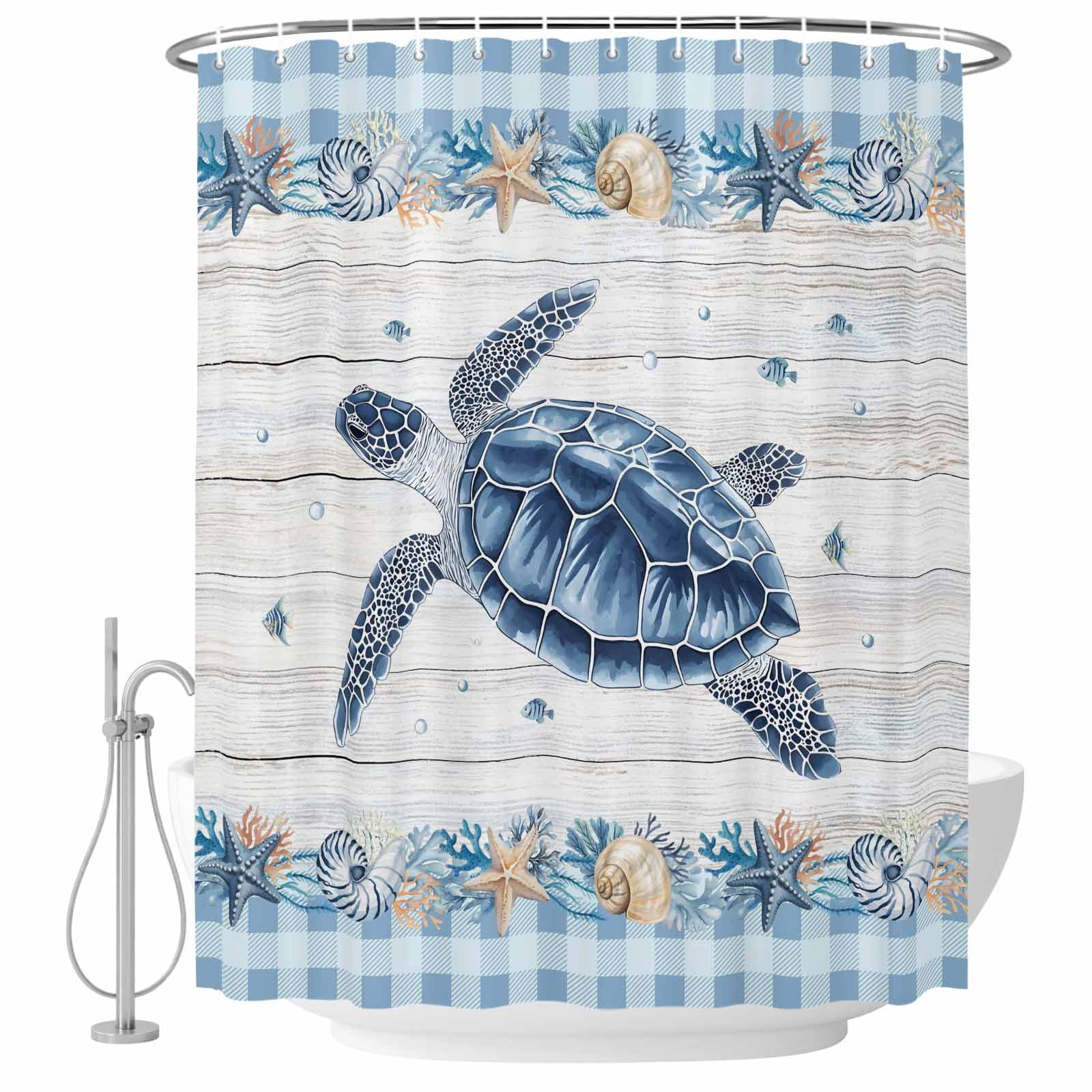Blue Turtle Coastal Shower Curtain Set with Hooks, Summer Starfish ...