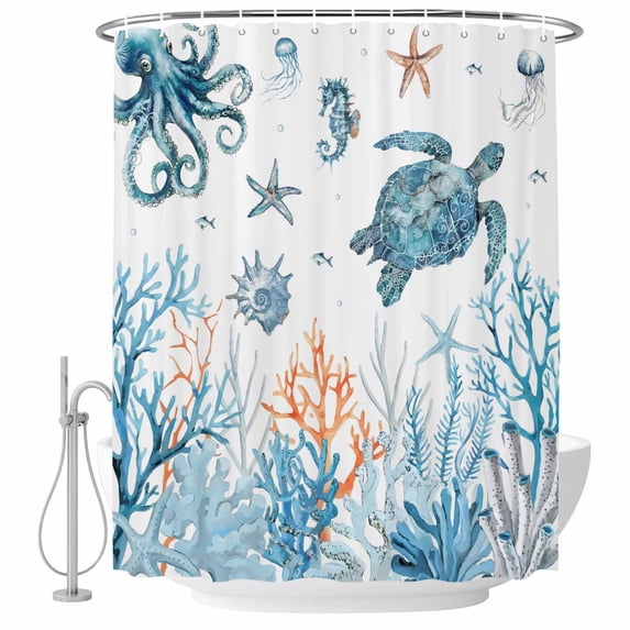 Blue Turtle Coastal Shower Curtain Set - Small 36" x 72" Washable ...