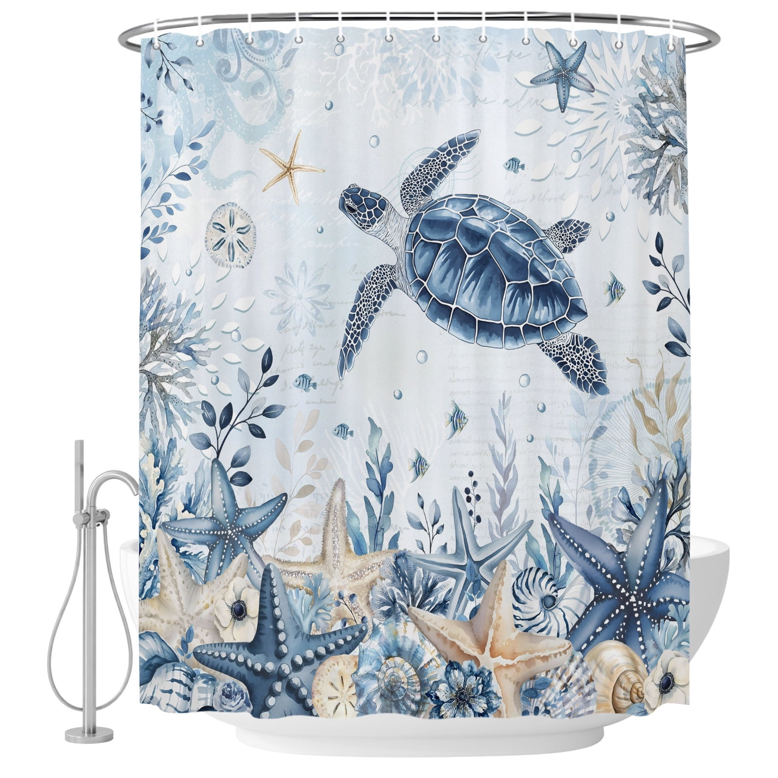 Blue Turtle Coastal Shower Curtain Set - Standard 72" x 72" Washable ...
