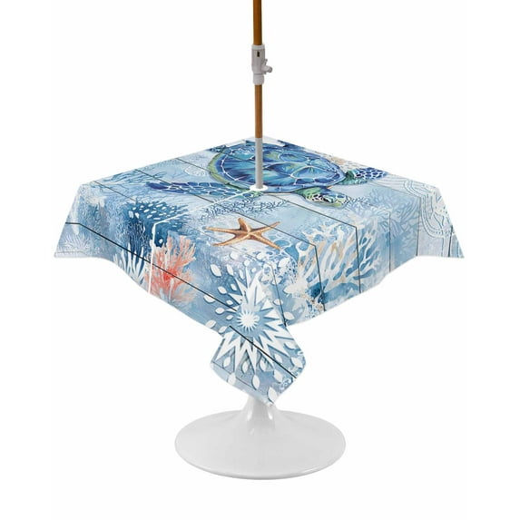 Blue Turtle Coastal Square Outdoor Tablecloth, Waterproof Table Cloth ...