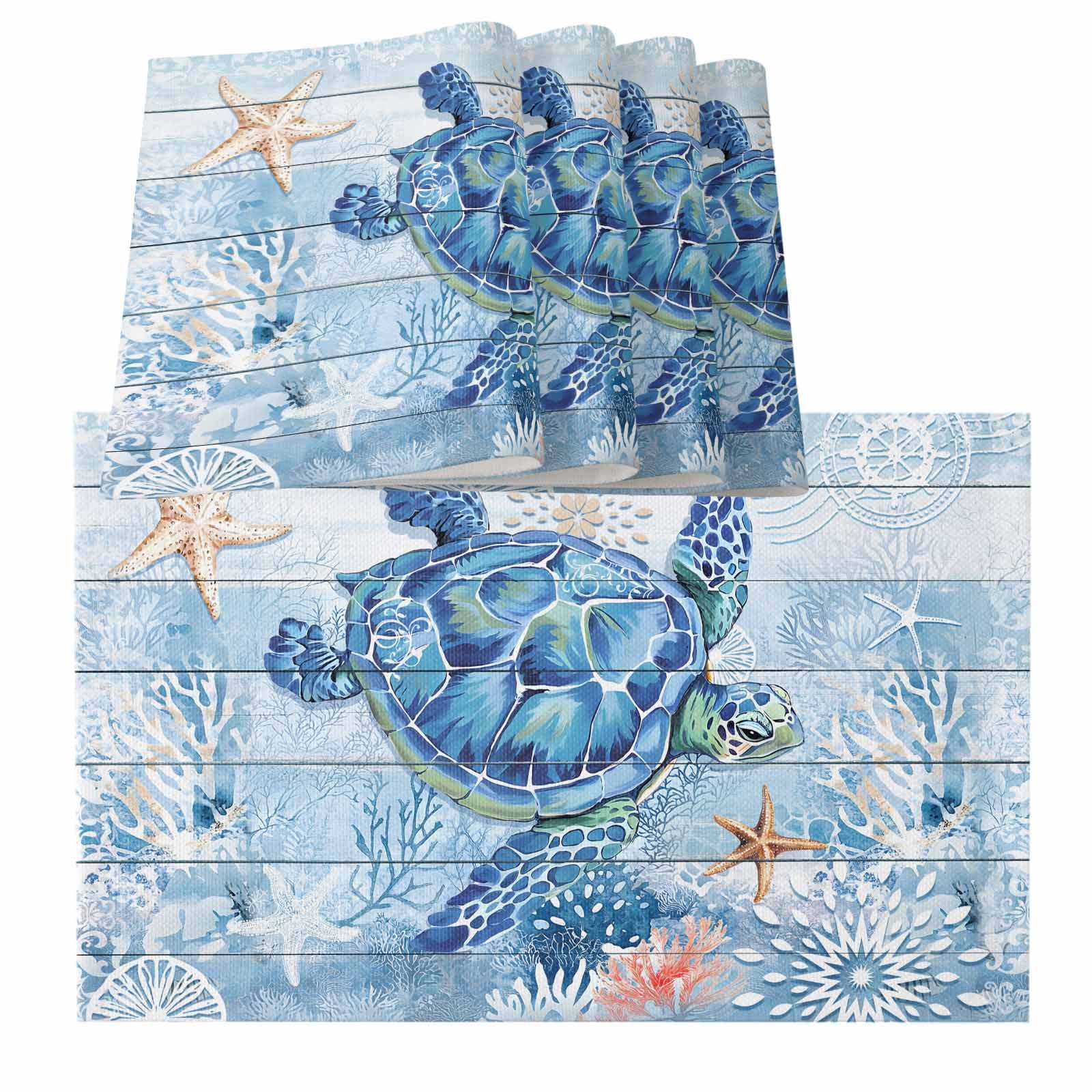 Blue Turtle Coastal Summer Beach Starfish Nautical Burlap Kitchen Place ...