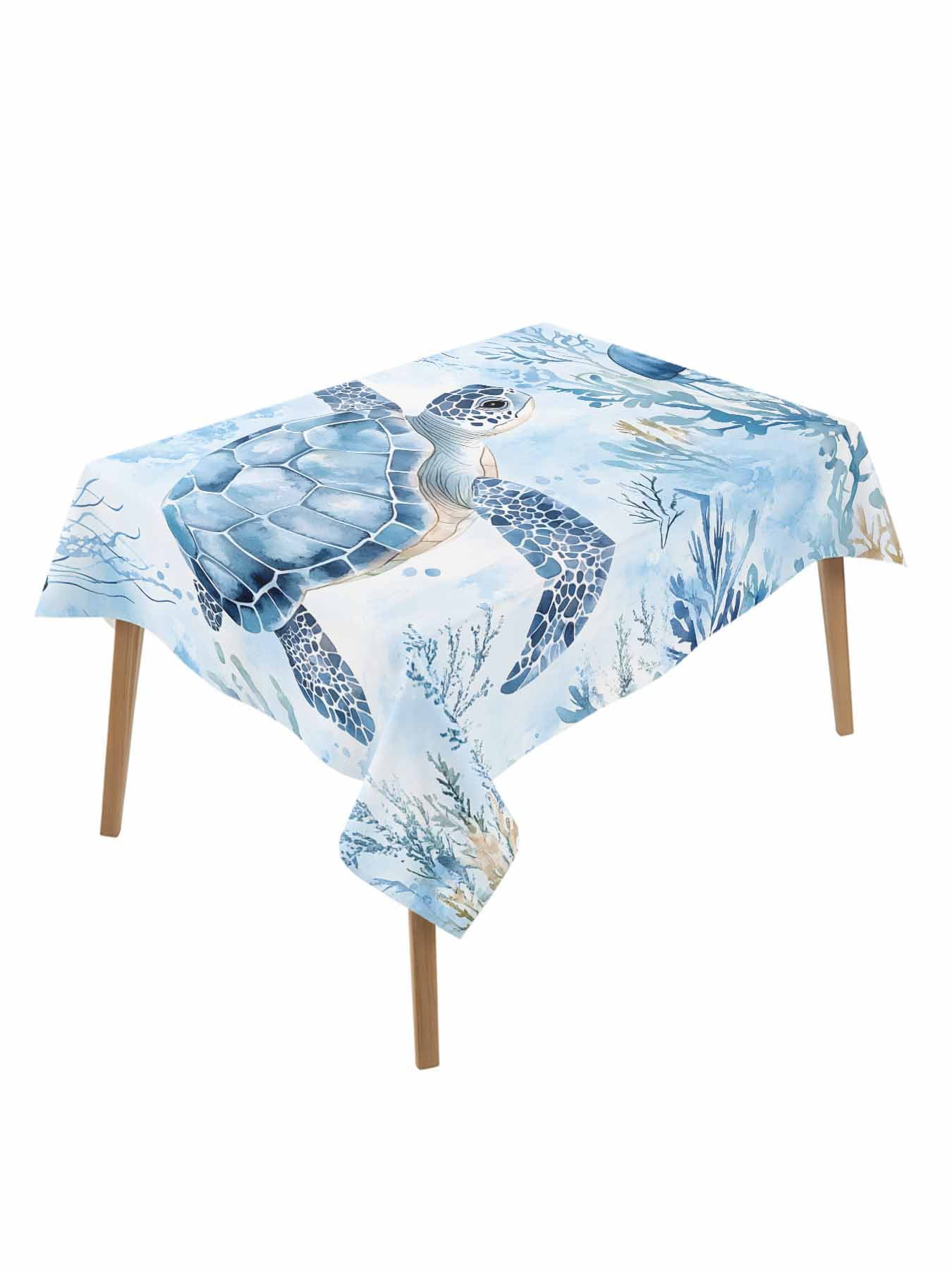 Blue Turtle Coastal Table Cloth, Coral Beach Nautical Ocean Waterproof ...