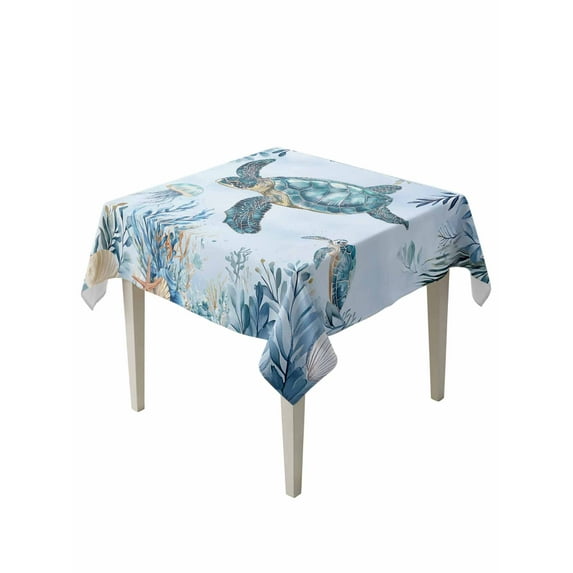 Blue Turtle Coastal Table Cloth, Eucalyptus Leaves Botanical Waterproof ...