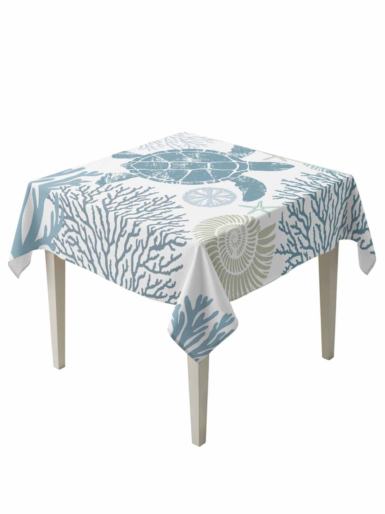 Blue Turtle Coastal Table Cloth, Summer Beach Nautical Coral Waterproof ...