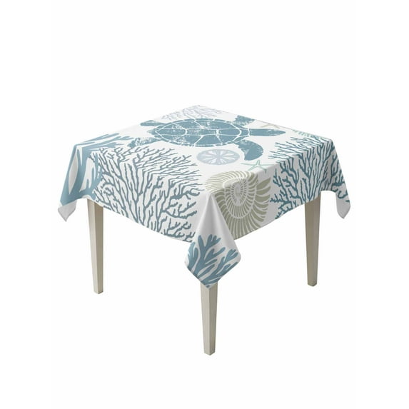 Blue Turtle Coastal Table Cloth, Summer Beach Nautical Coral Waterproof ...