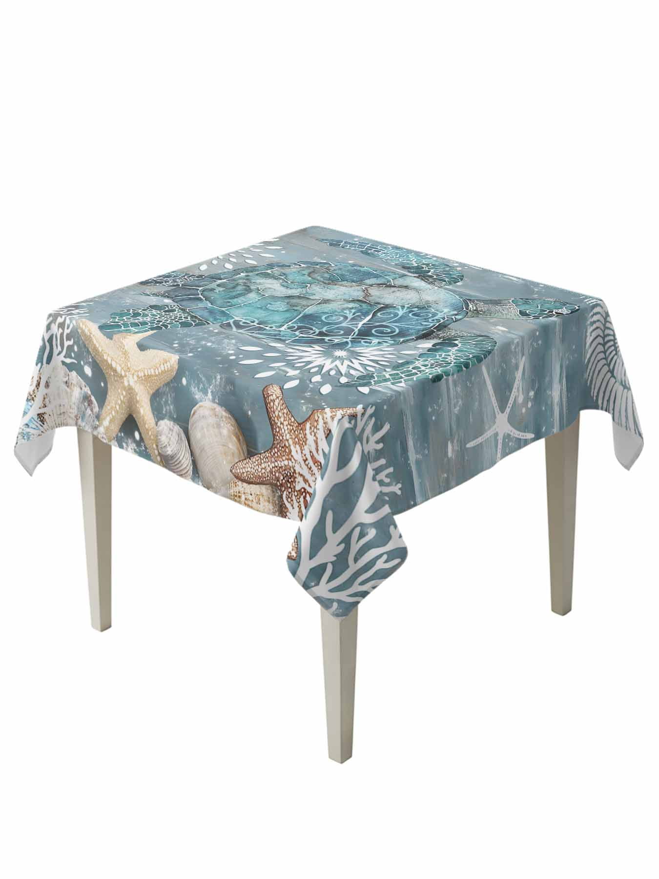 Blue Turtle Coastal Table Cloth, Summer Beach Ocean Starfish Coral ...